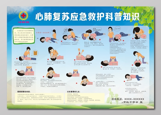 蓝色白色背景心肺复苏急救步骤和注意事项海报设计图片下载 觅知网