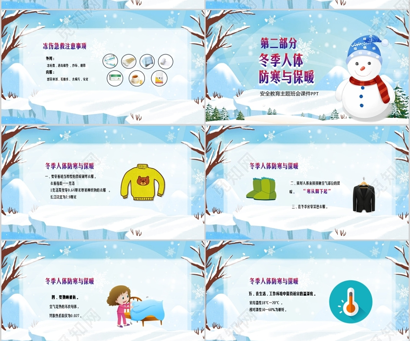 蓝色清新简约冬季防寒防冻安全知识教育主题班会PPT下载 觅知网